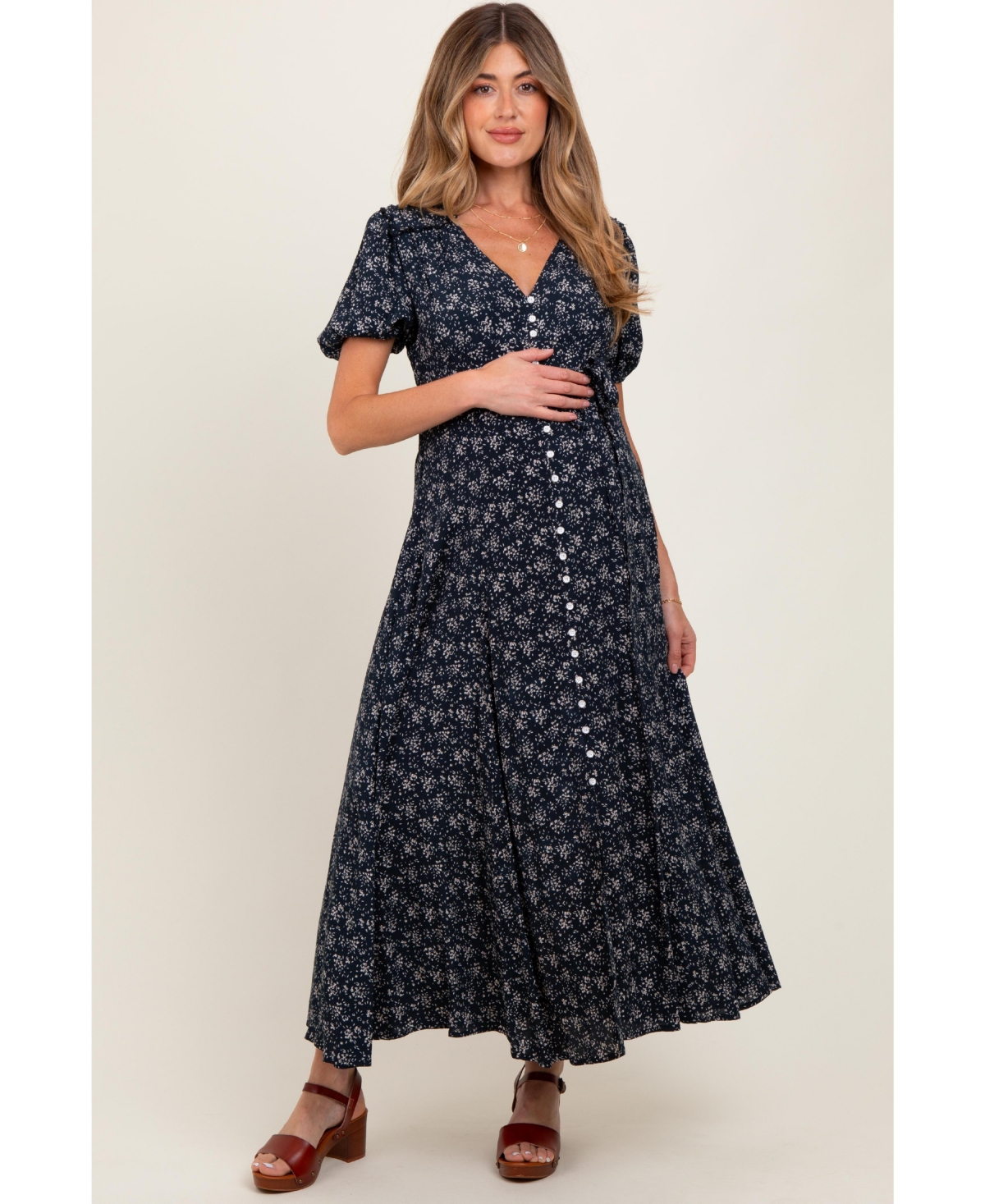Click here for Pinkblush Maternity Navy Floral Button Down Dress... prices