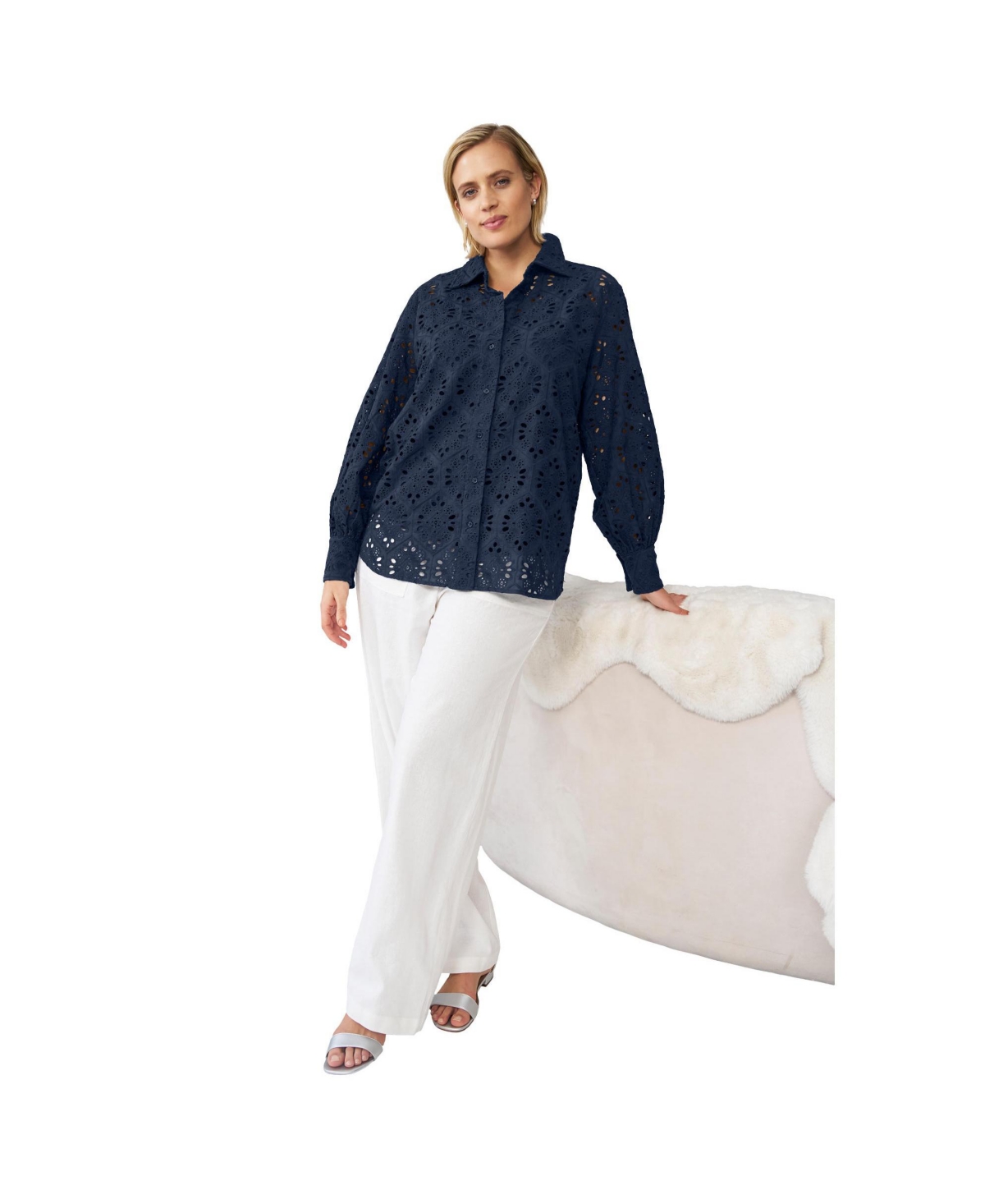 Click here for ellos Womens Eyelet Button Front Shirt With Blouso... prices