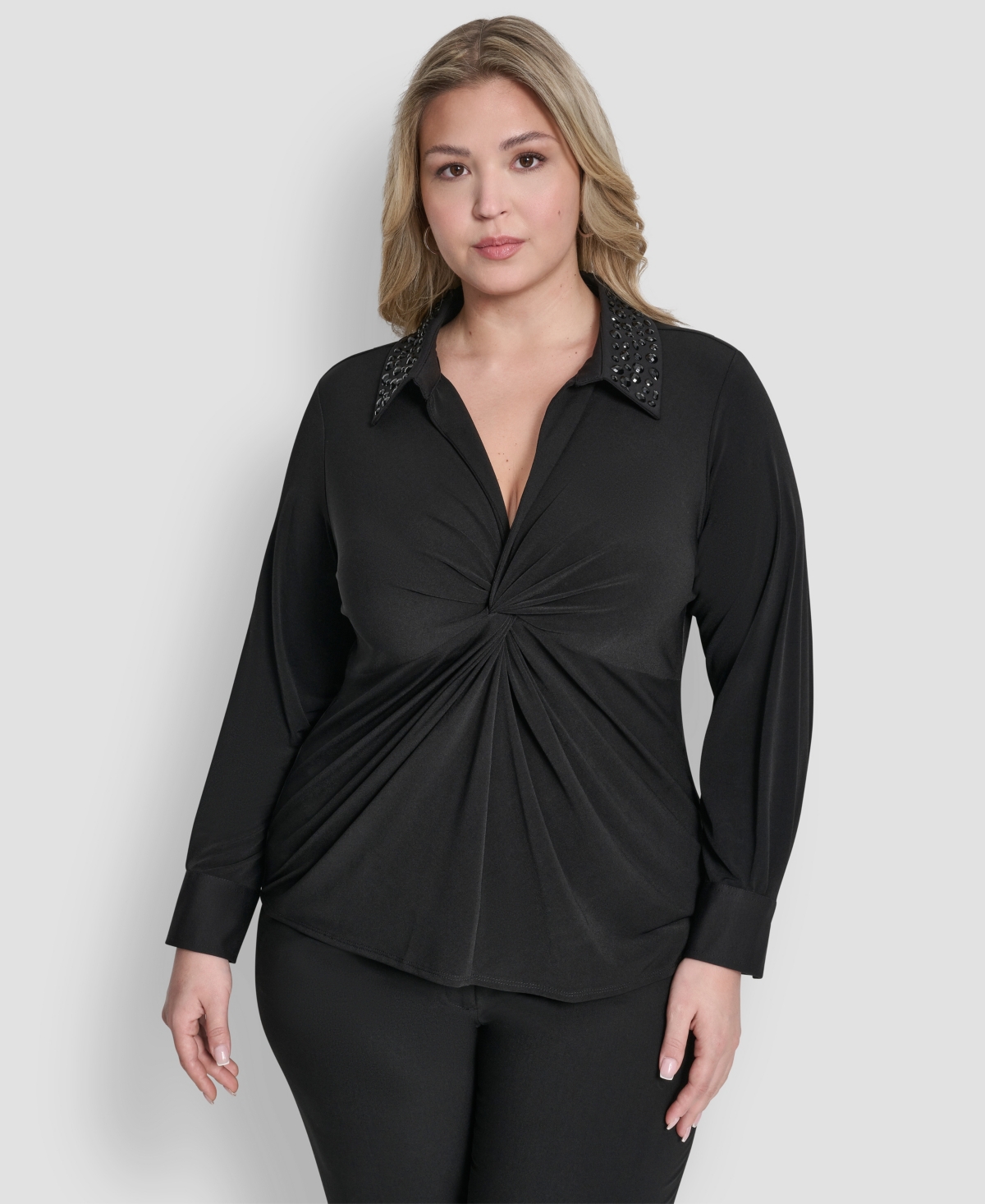 Click here for Dkny Plus Size Knot-Front Long-Sleeve Top - Black/... prices