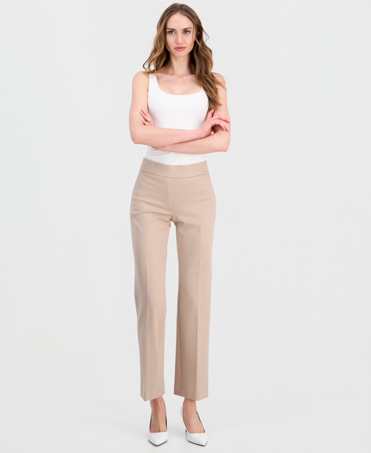 Anne Klein Womens Mid-Rise Pull-On Slash-Pocket Pants - Latte