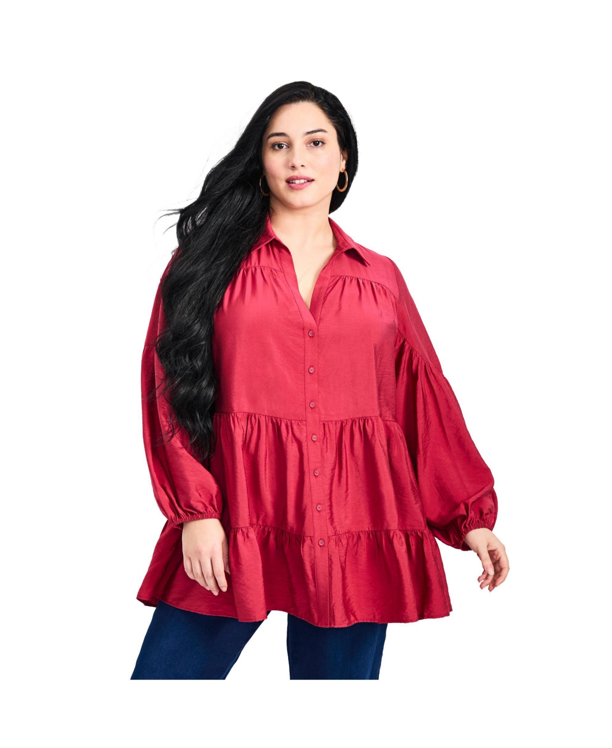 Click here for Avenue Womens Amari Tiered Tunic Shirt - Cranberry prices