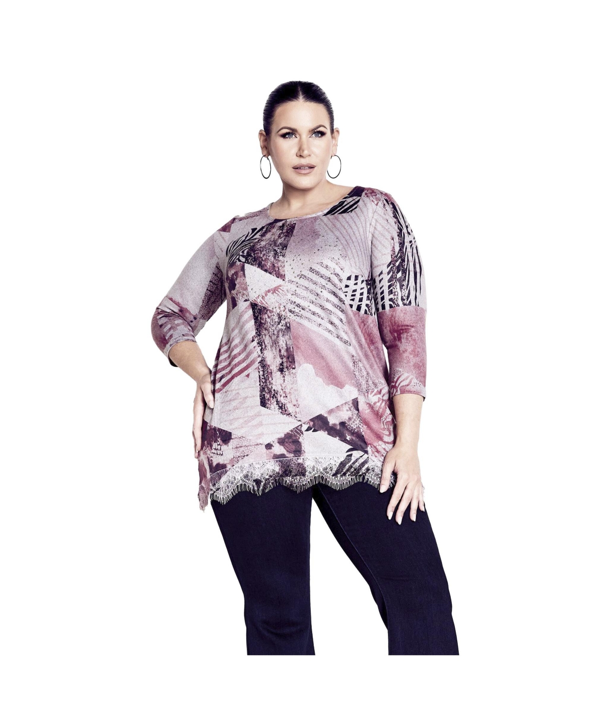 Click here for Avenue Womens Lace Hem Top - Plum geo prices