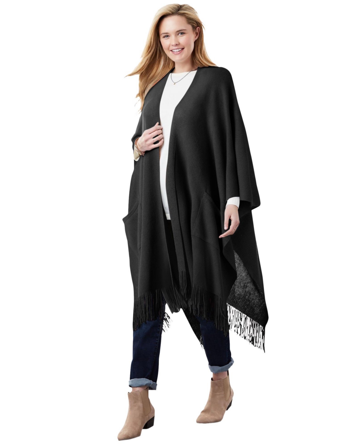 Click here for Woman Within Womens Within Fringed Cape - Black prices