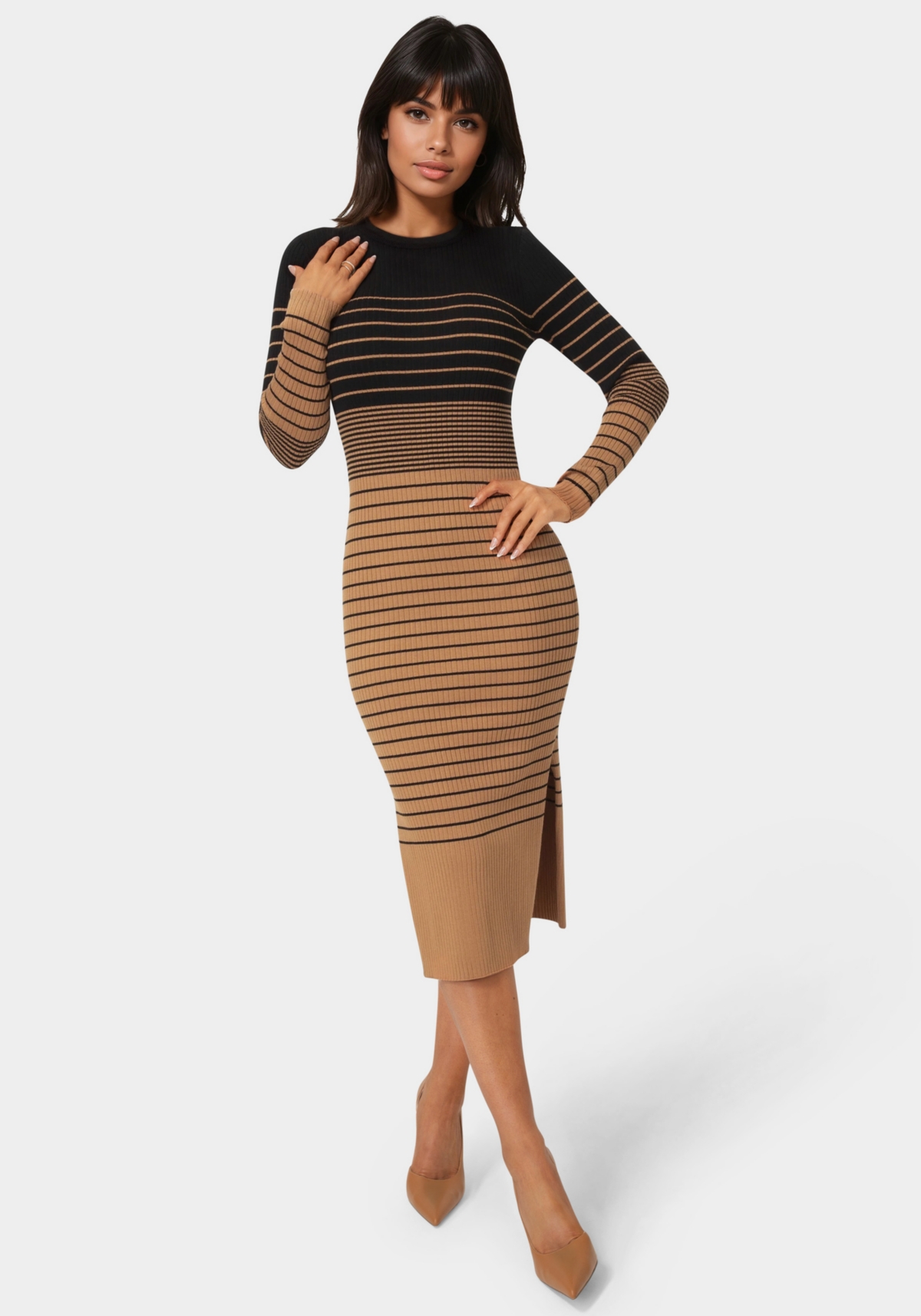 Click here for Bebe Womens Stripe Rib Long Sleeve Maxi Dress - Ca... prices