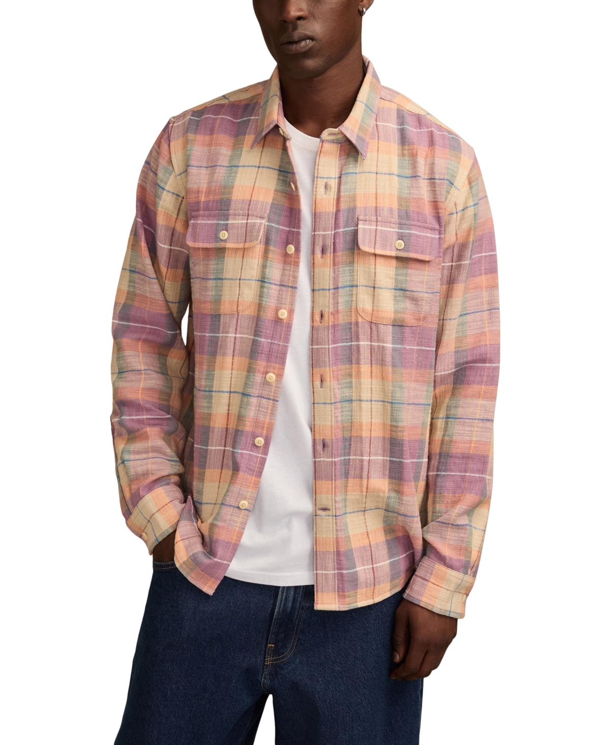 Click here for Lucky Brand Mens Big Slub Plaid Shirt - Red multi prices