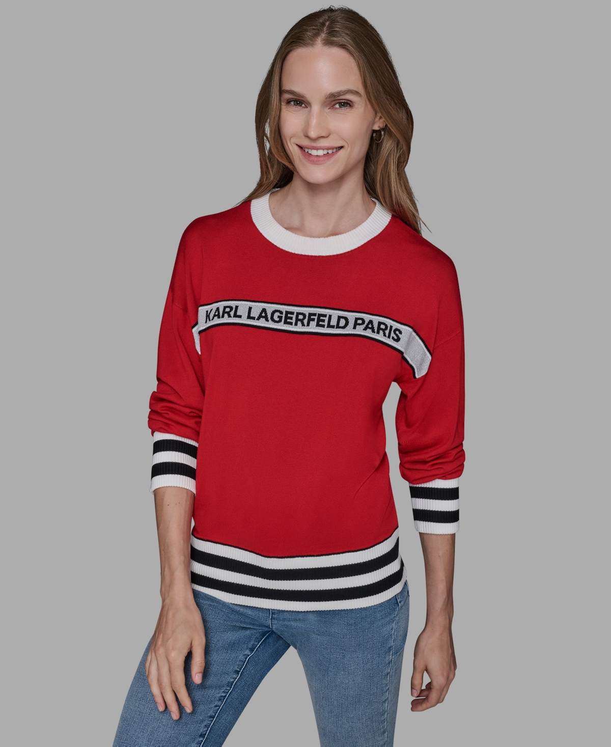Click here for Karl Lagerfeld Paris Womens Crewneck Logo Striped... prices