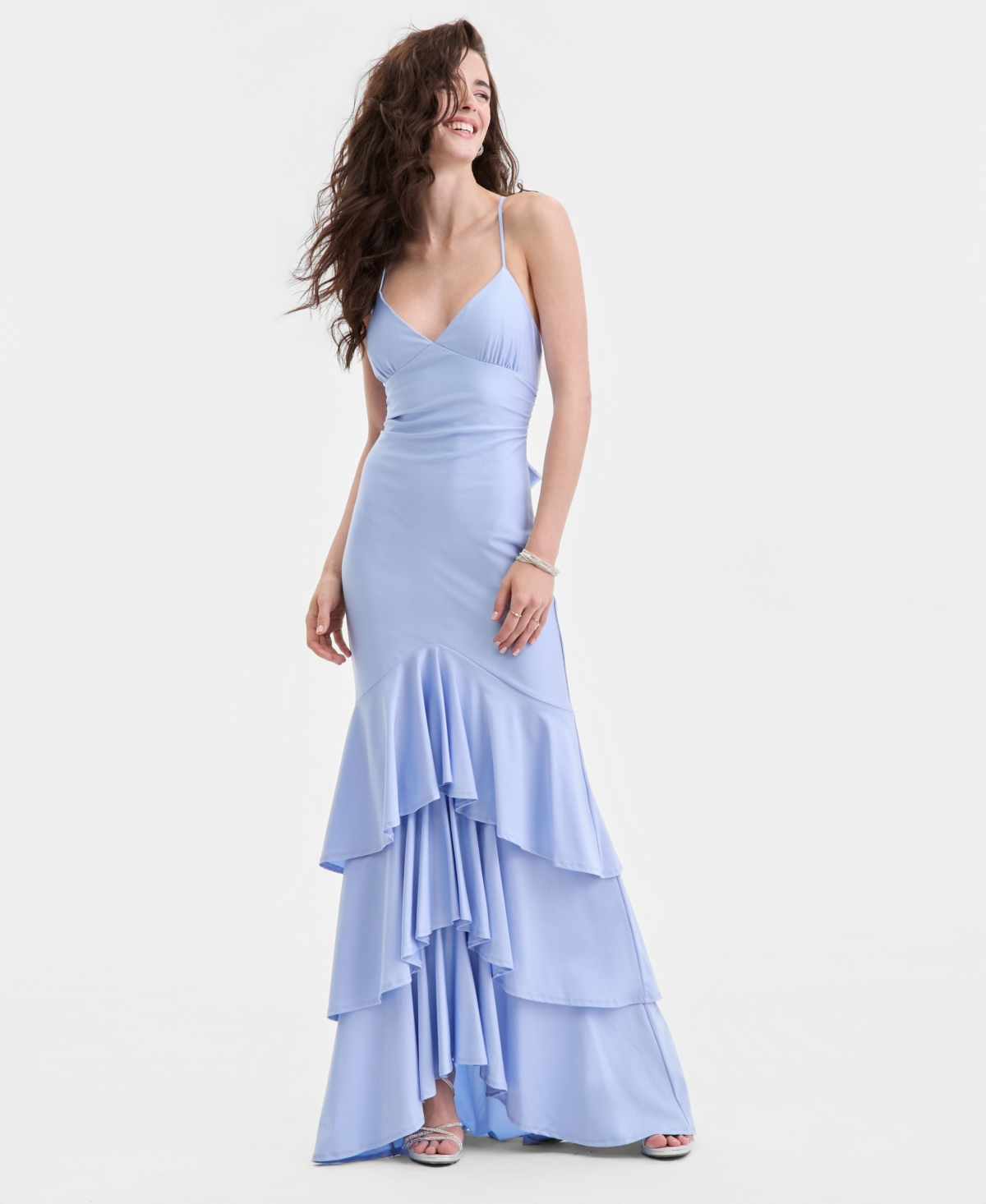 Click here for Katia Rae Juniors V-Neck Ruffled Tie-Back Gown - S... prices