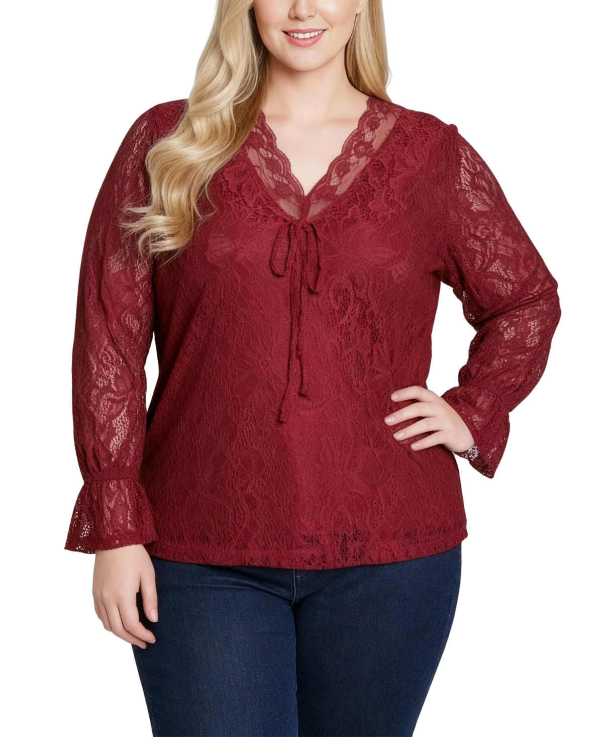 Click here for Ny Collection Plus Size Long Bell Sleeve Lace Top... prices
