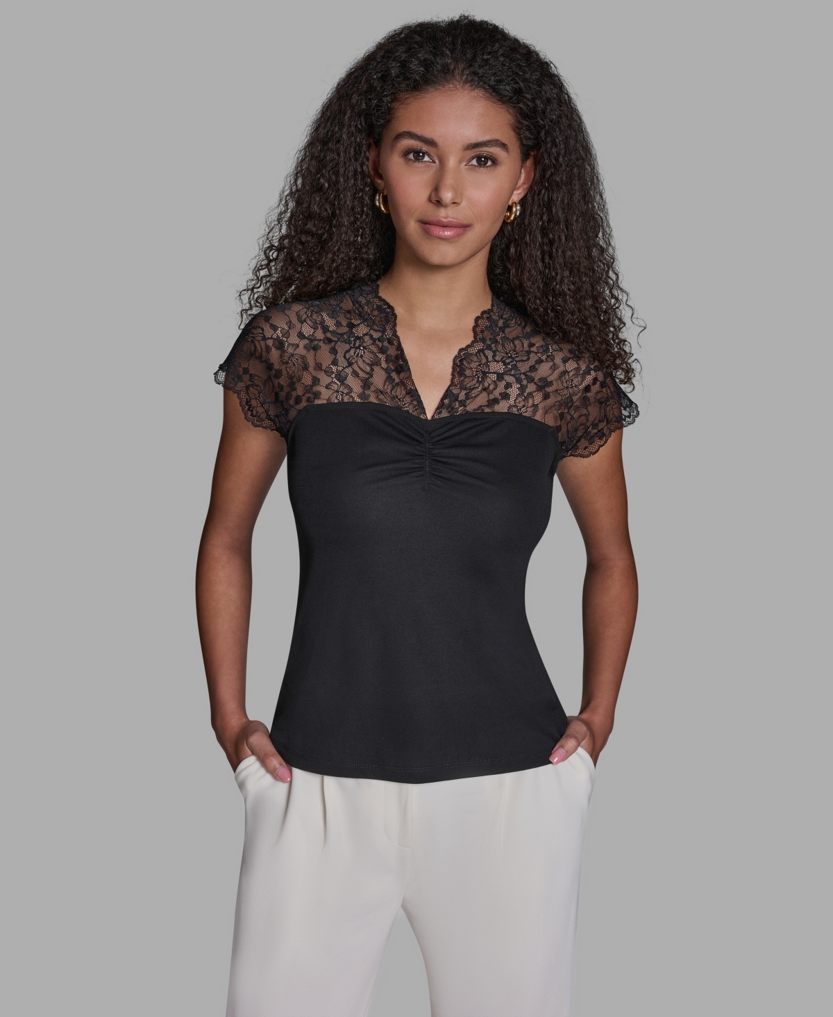 Click here for Bcbg Womens V-Neck Short-Sleeve Top - Black prices