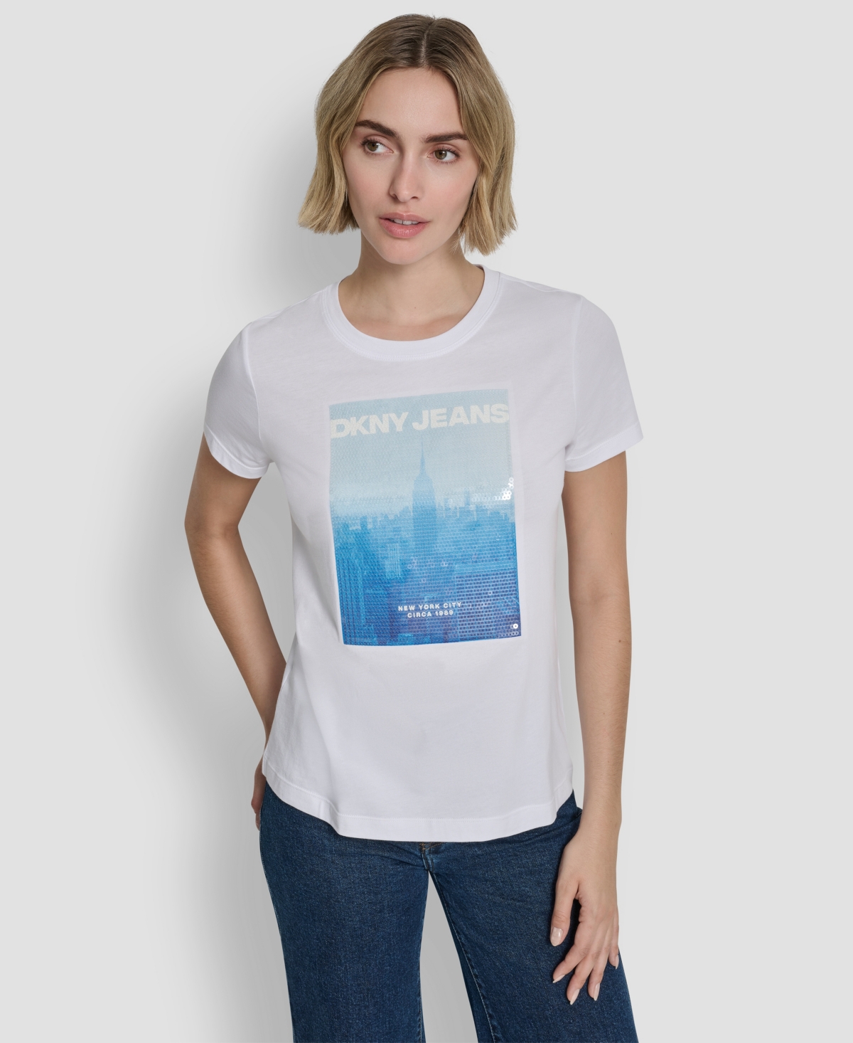 Click here for Dkny Jeans Womens Sequin Photoreal Logo Crewneck T... prices