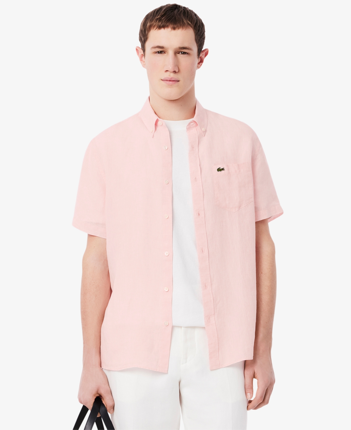 Click here for Lacoste Mens Regular-Fit Logo Linen Shirt - Flamin... prices