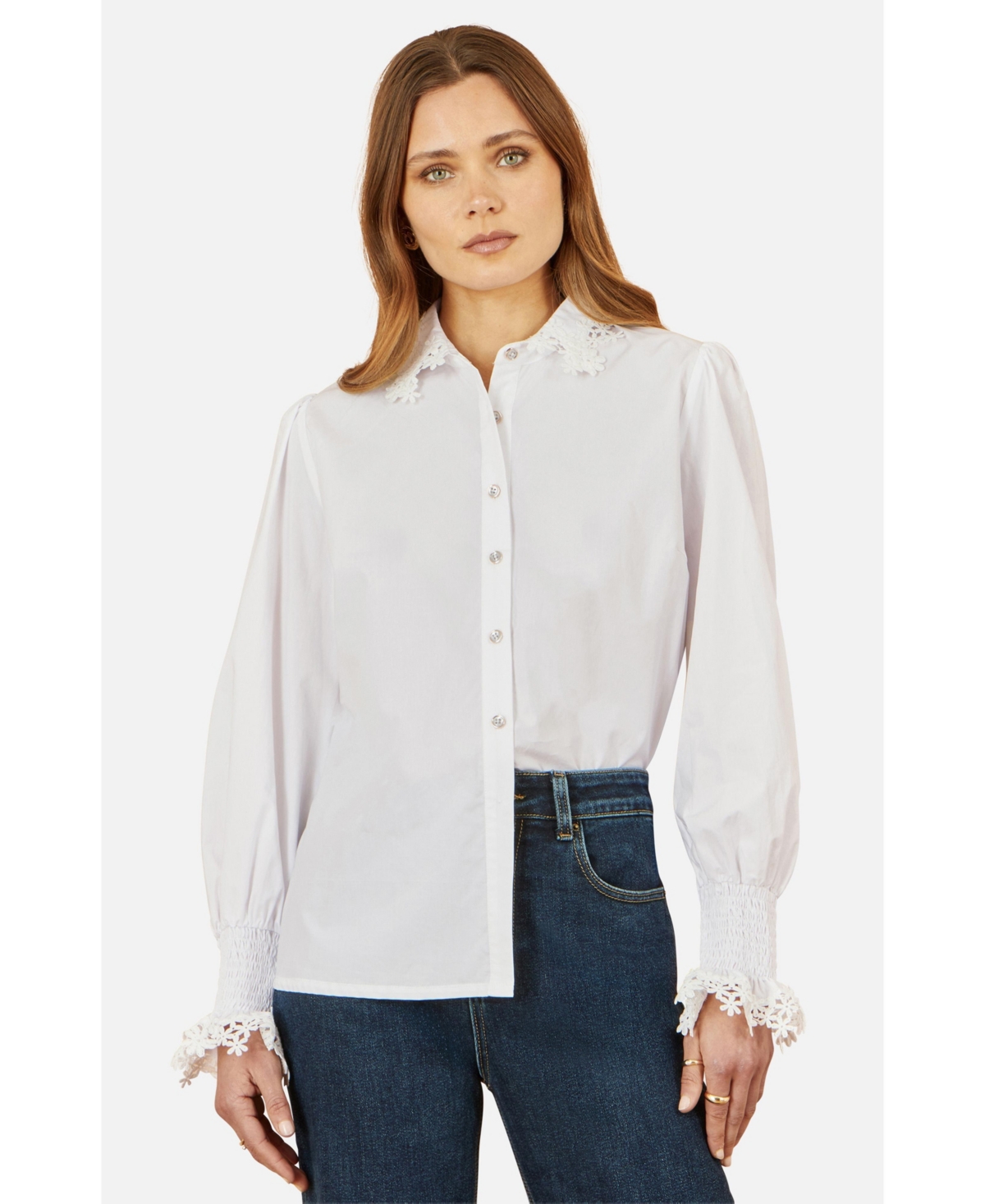 Click here for Yumi Womens Lace Trim Shirt - White prices
