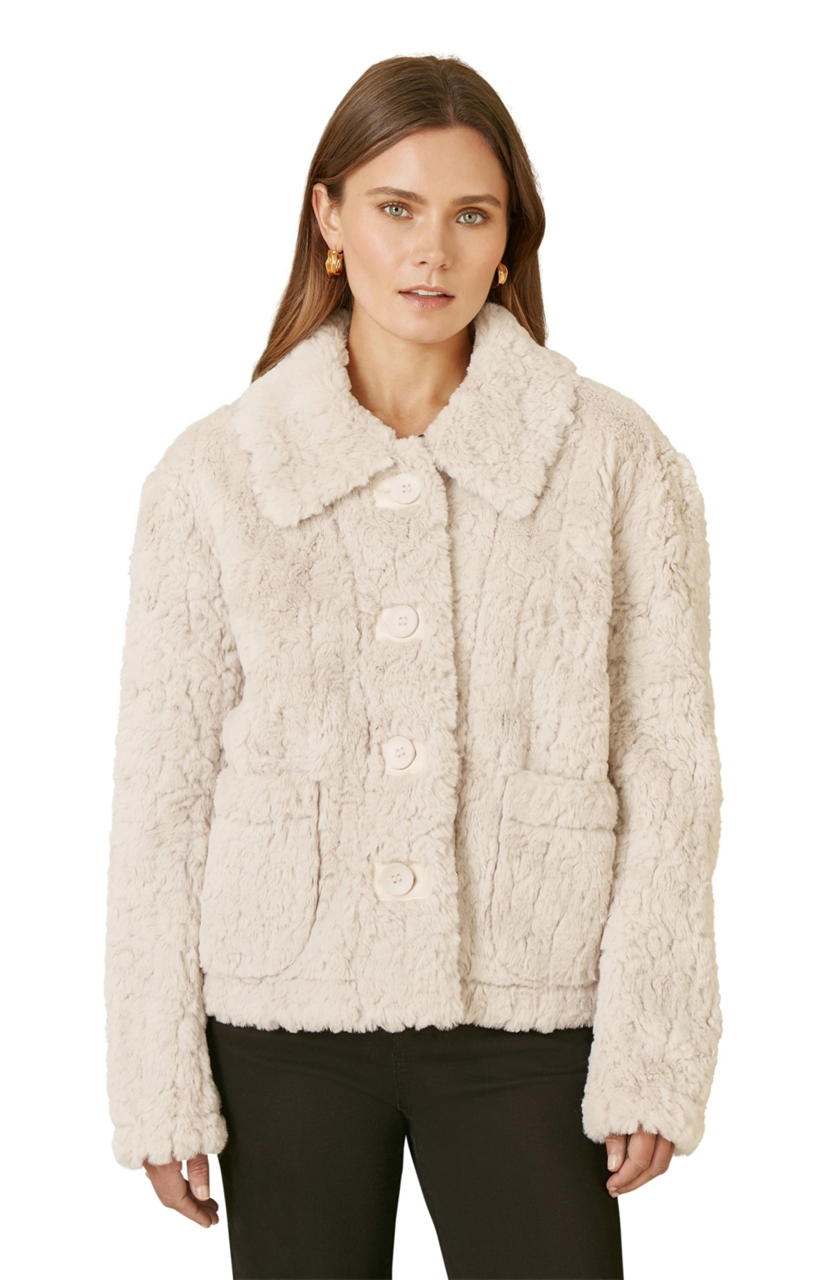 Click here for Yumi Womens Textured Faux Fur Jacket - Cream prices