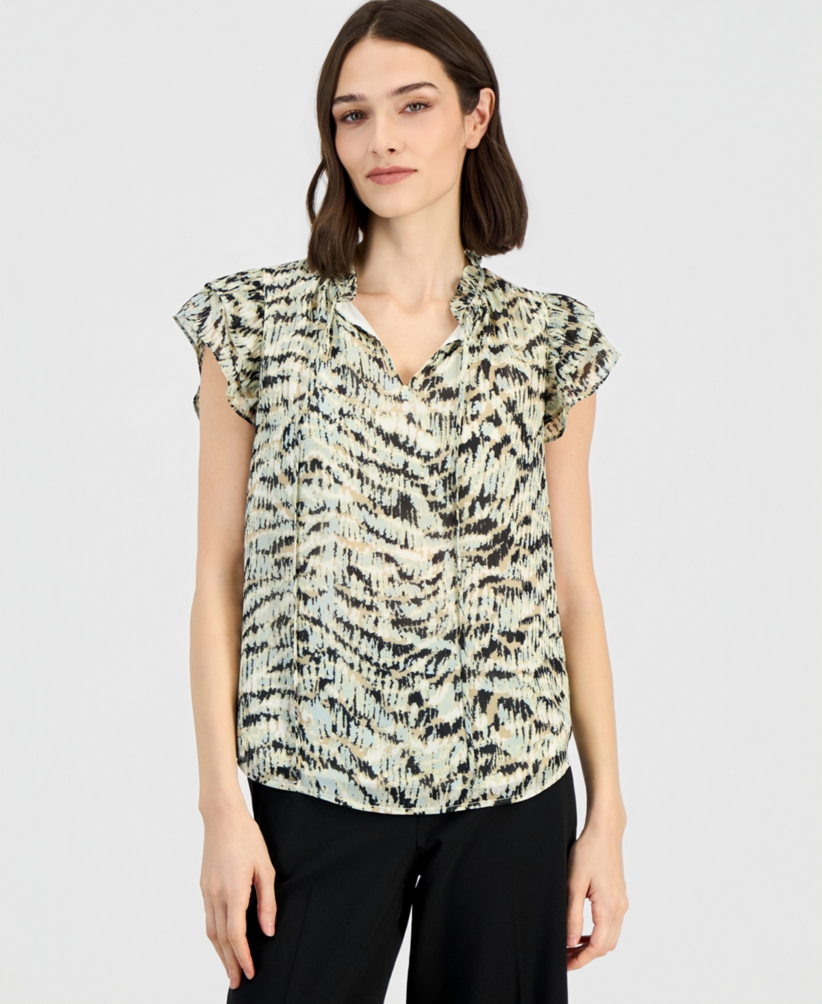 Click here for Anne Klein Womens Ruffle-Sleeve Tie-Neck Blouse -... prices