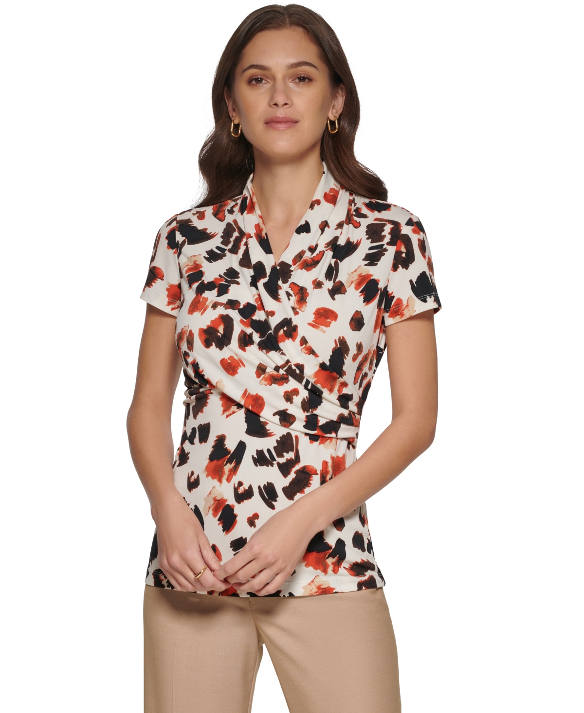 Click here for Dkny Petite Short-Sleeve Printed Wrap Blouse - Mul... prices