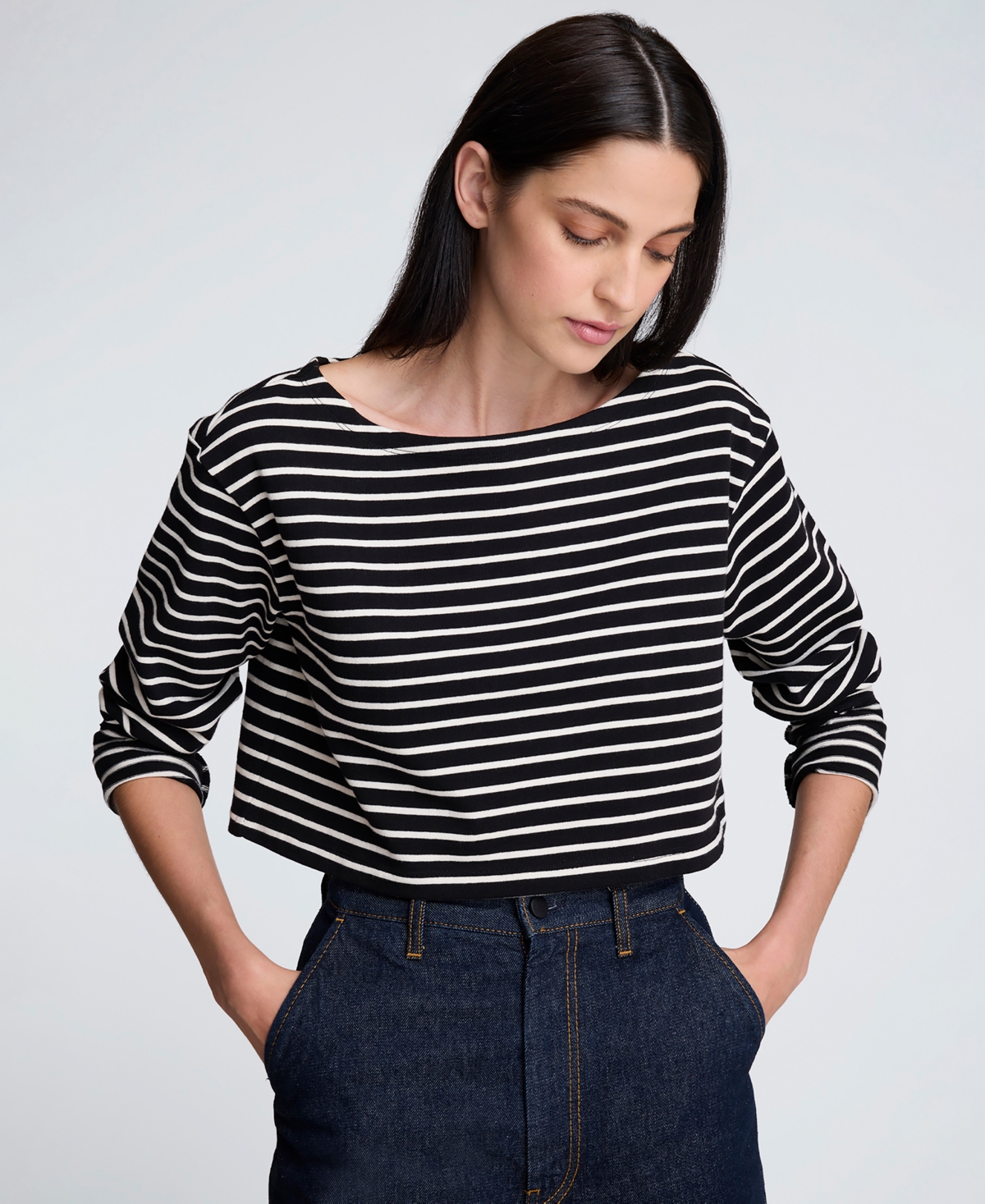 Click here for Kenneth Cole Womens Striped Cropped Top - Black/Oy... prices