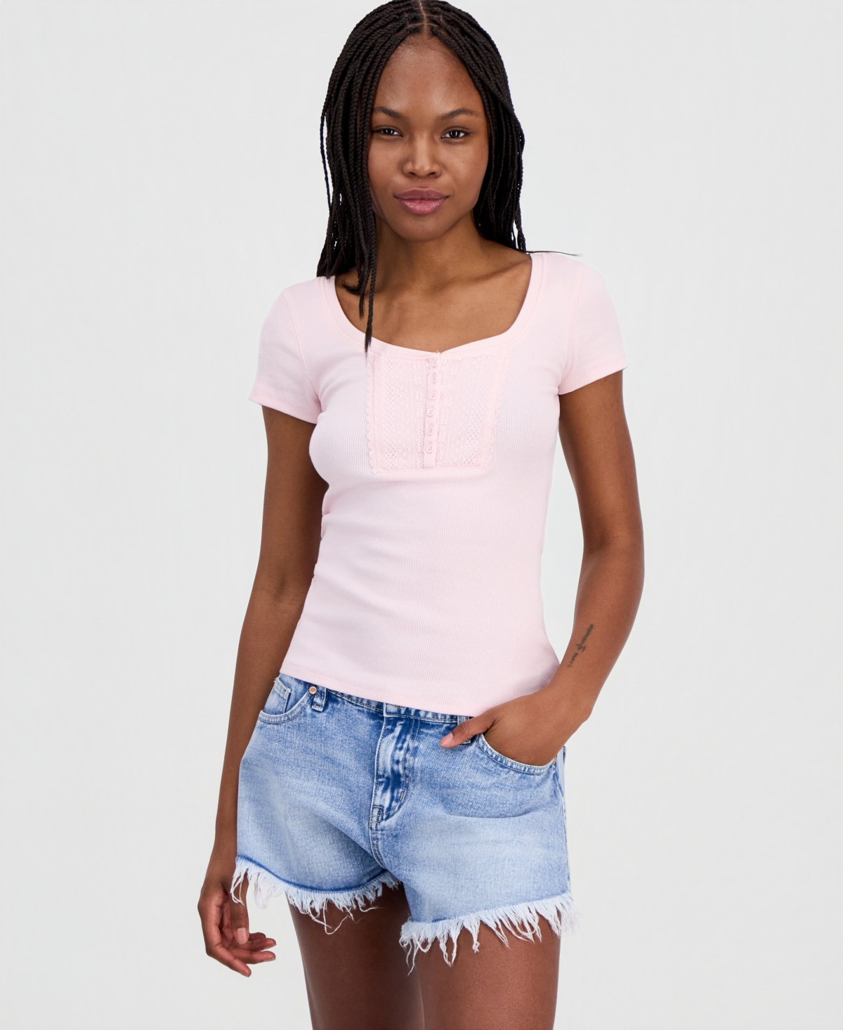 Click here for Just Polly Juniors Ribbed Lace-Yoke Top - Ballet S... prices