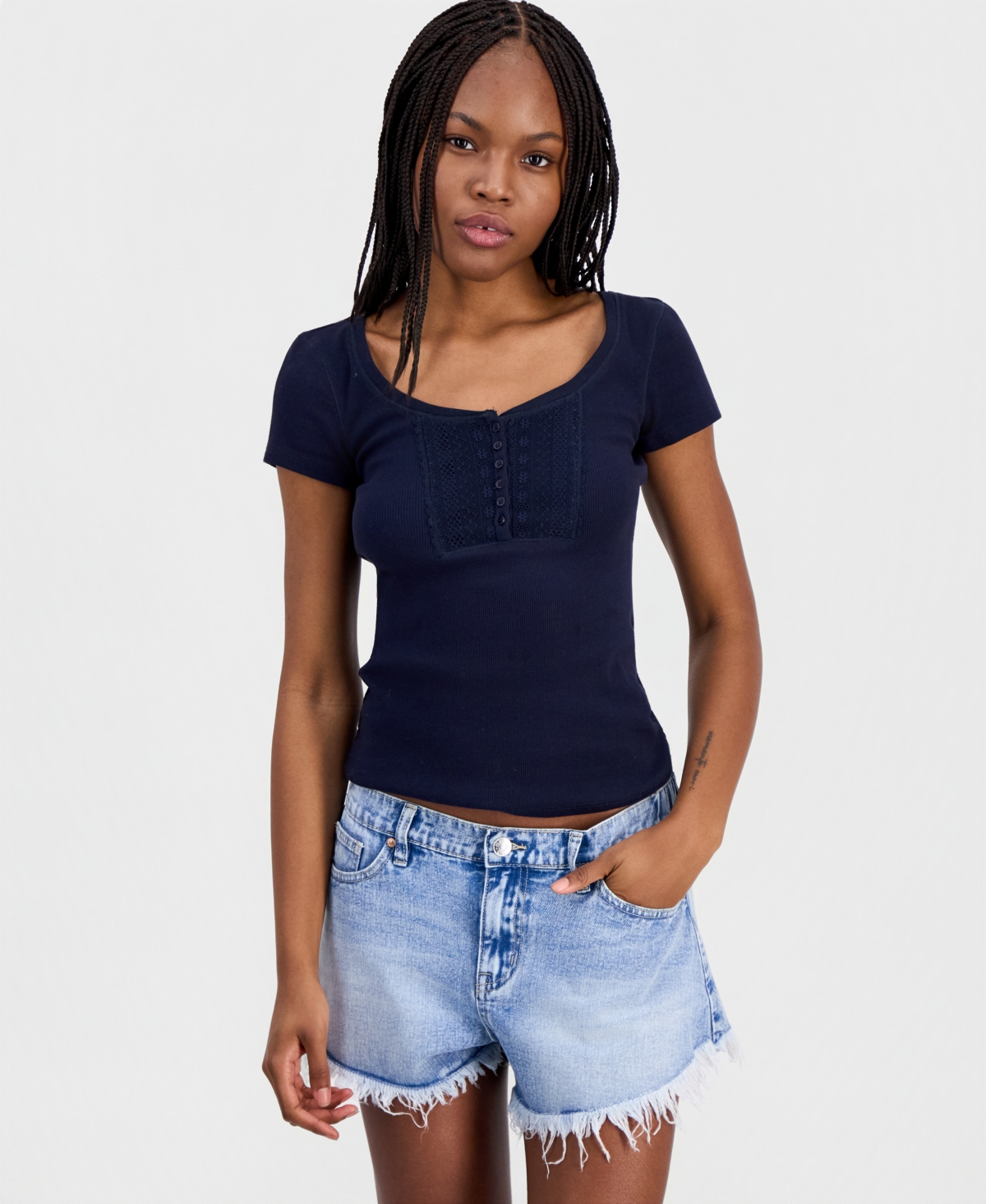 Click here for Just Polly Juniors Ribbed Lace-Yoke Top - Navy prices