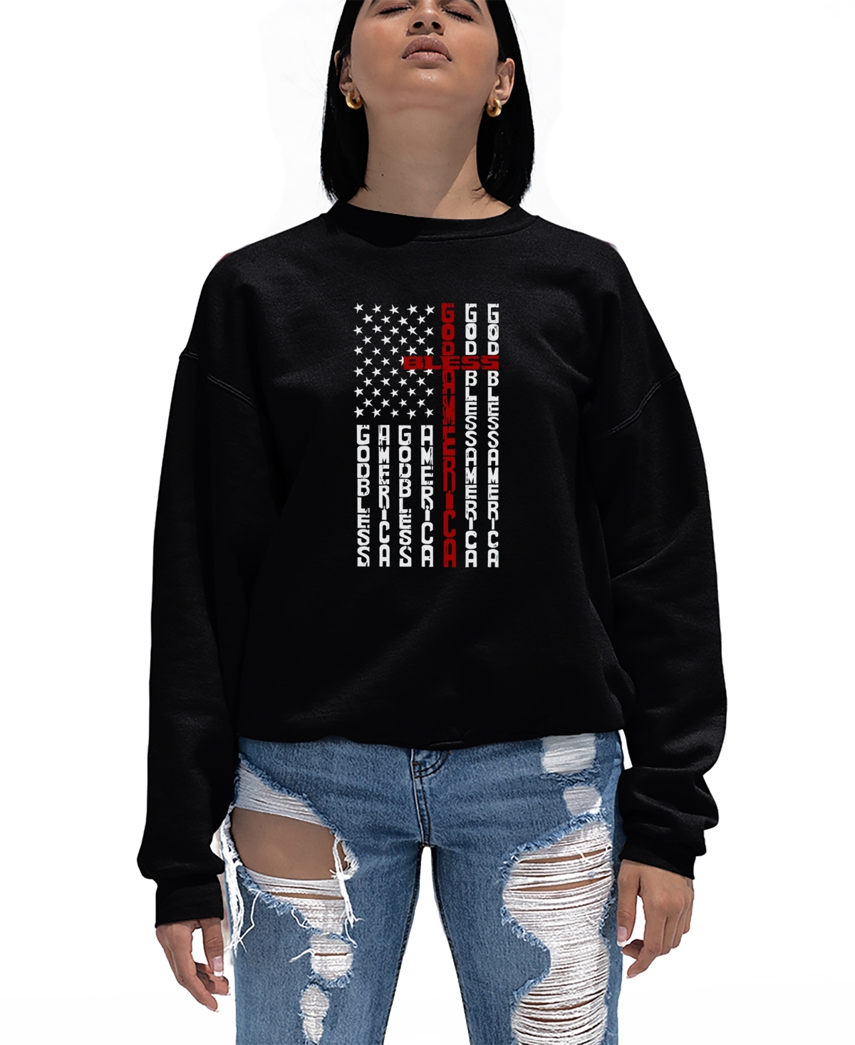 Click here for La Pop Art Womens Cross Flag Word Art Crewneck Swe... prices