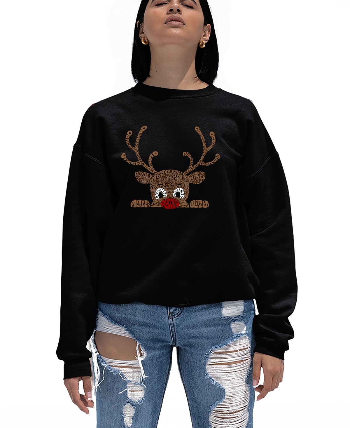 Click here for La Pop Art Womens Peeking Reindeer Word Art Crewne... prices