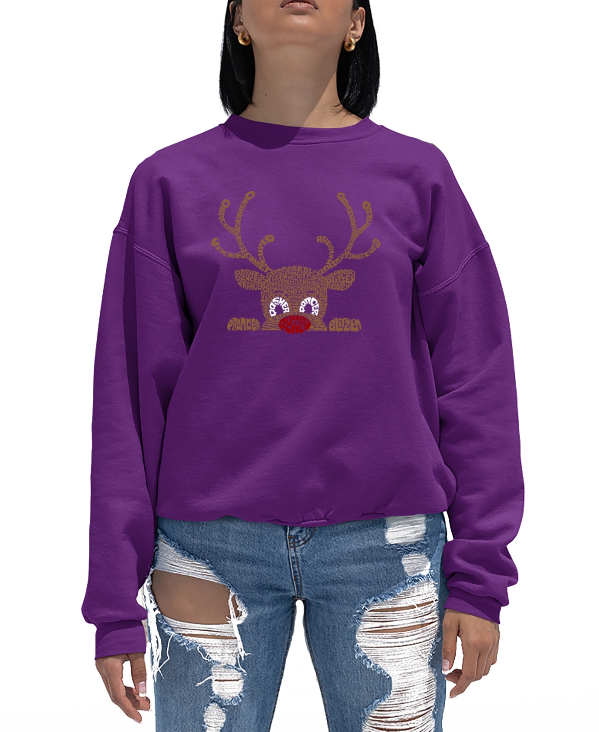 Click here for La Pop Art Womens Peeking Reindeer Word Art Crewne... prices