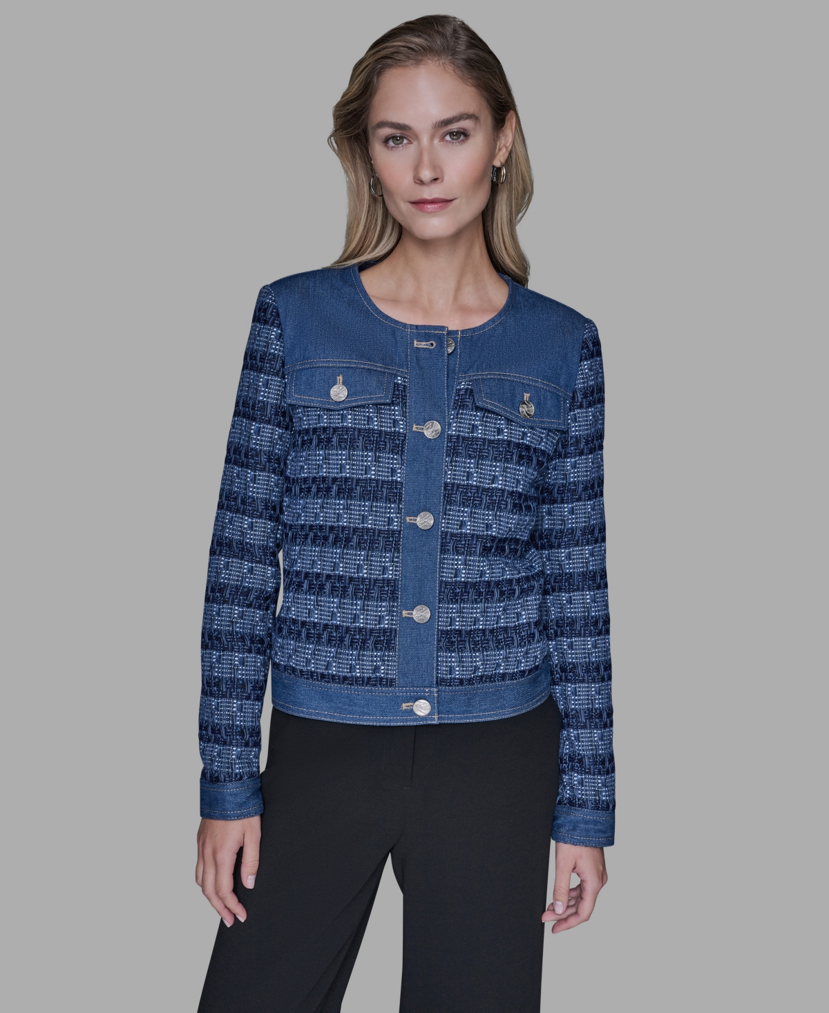 Click here for Karl Lagerfeld Paris Womens Crewneck Tweed and Den... prices