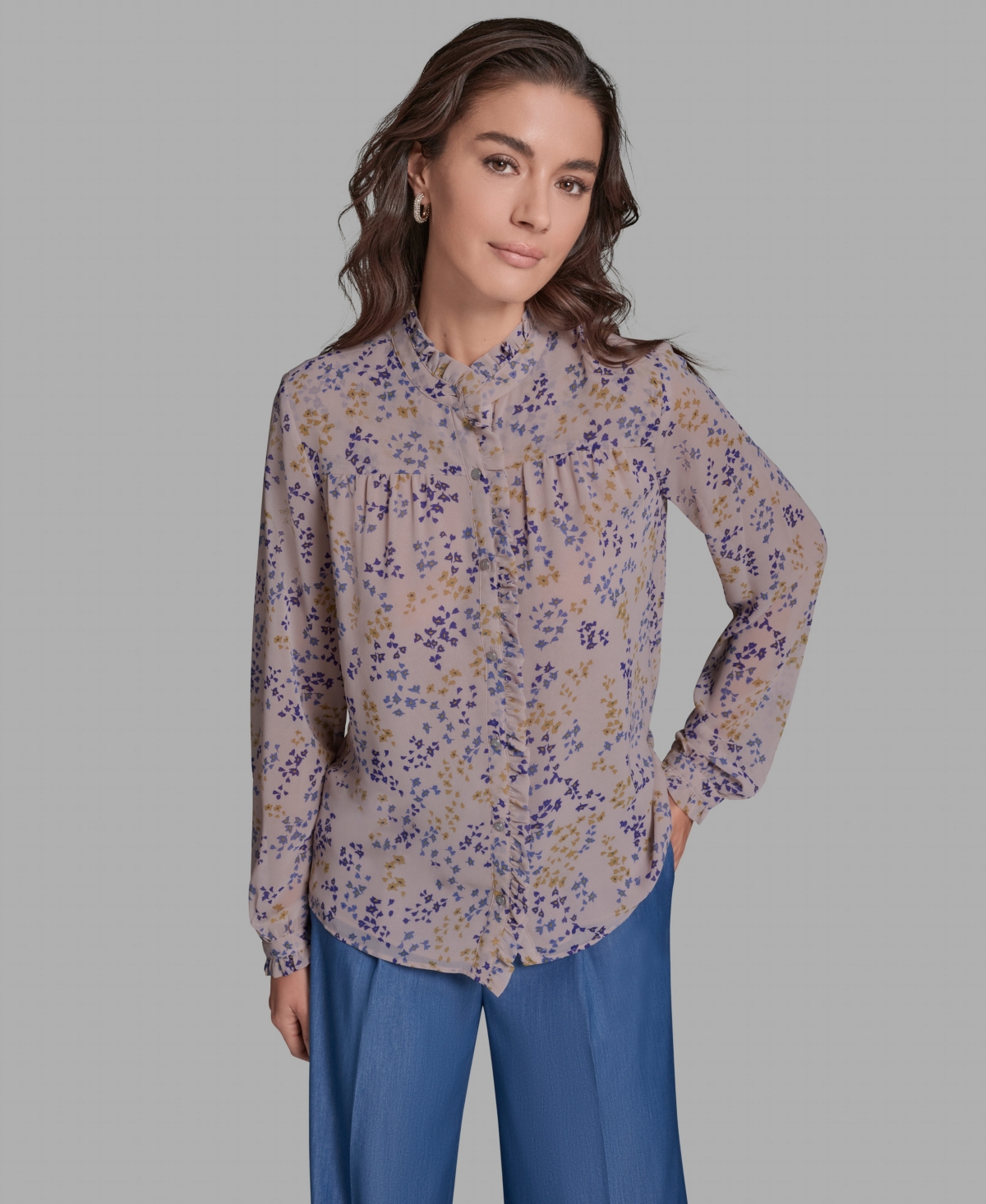 Click here for Bcbg Womens Long-Sleeve Printed Ruffle Front Top -... prices