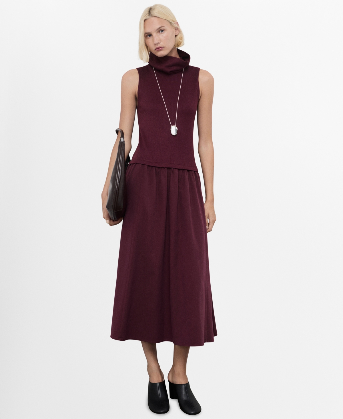 Click here for Mango Womens Combined Funnel Neck Dress - Burgundy prices
