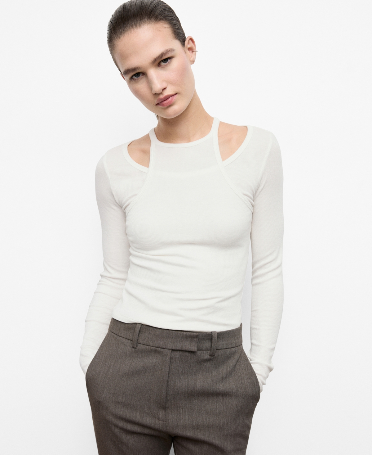 Click here for Mango Womens Ribbed Combined T-Shirt - Off White prices