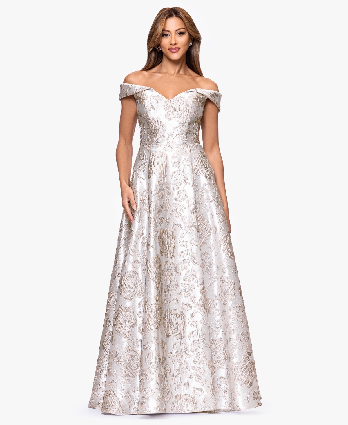 Click here for Xscape Womens Off-The-Shoulder Long Ball Gown - Ta... prices