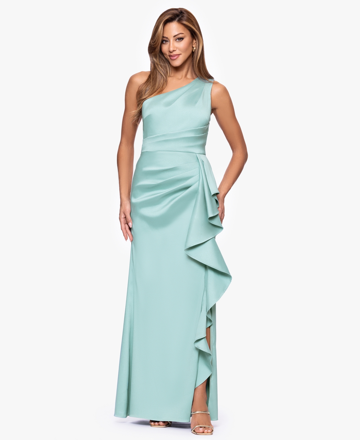 Click here for Xscape Womens One-Shoulder Long Dress - Sage prices