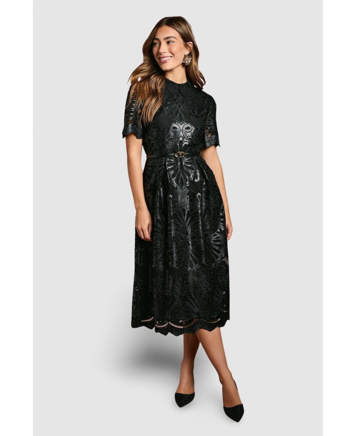 Click here for Coast Womens Pu Lace Midi Dress With Belt - Black prices