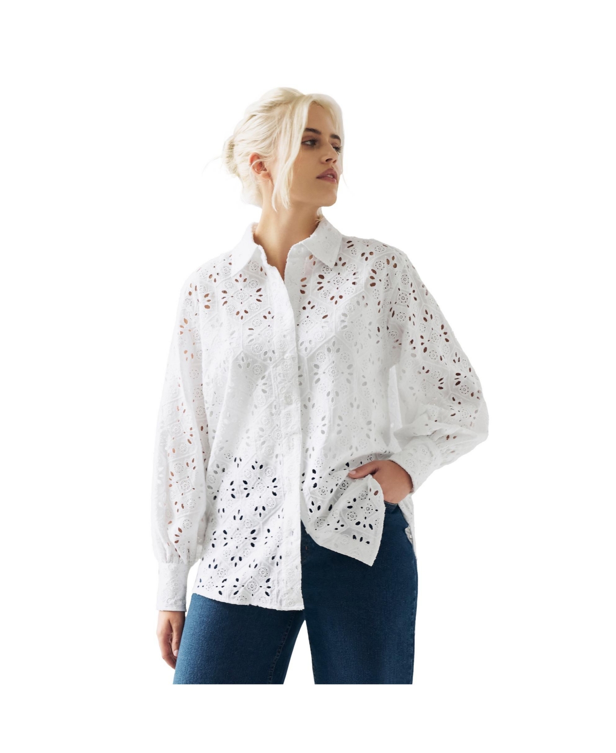 Click here for ellos Plus Size Eyelet Button Front Shirt With Blo... prices