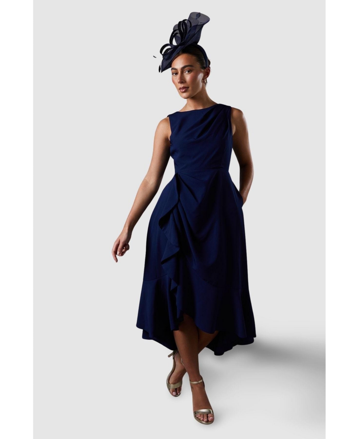 Click here for Coast Crepe Ruffle Dress With Low Back - Navy prices