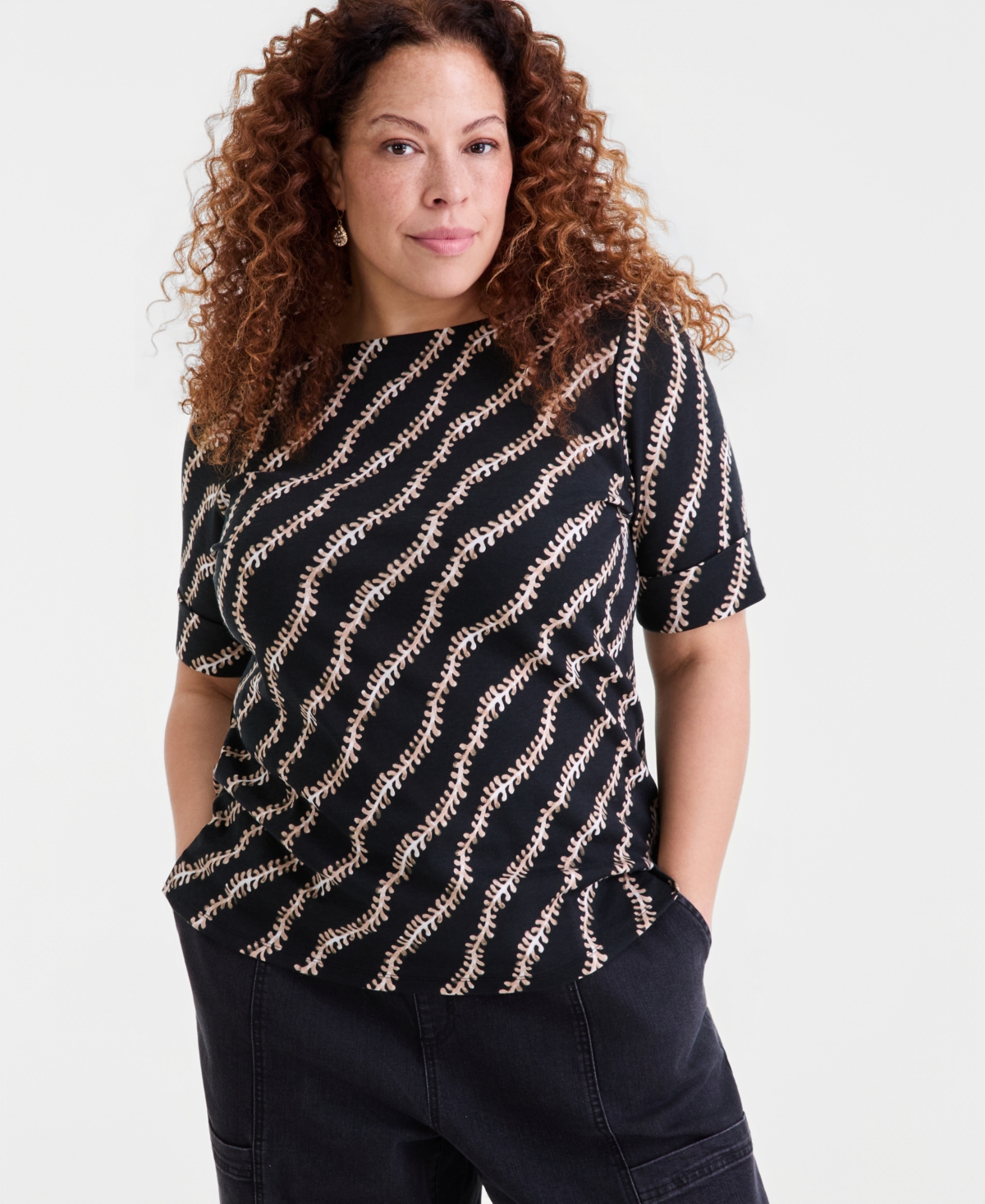 Click here for Style & Co Plus Size Boat-Neck Elbow Sleeve Cotton... prices