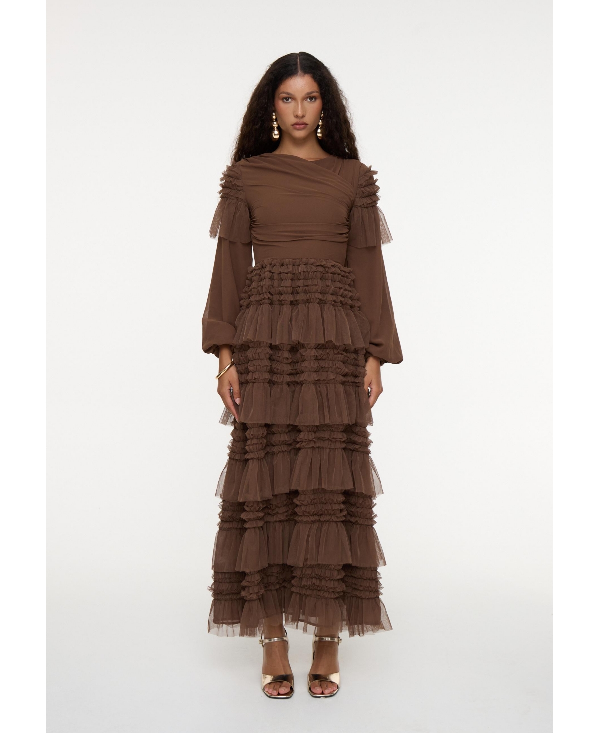 Click here for Maryisa Womens Modest Ruffle Mesh Dress - Chocolat... prices