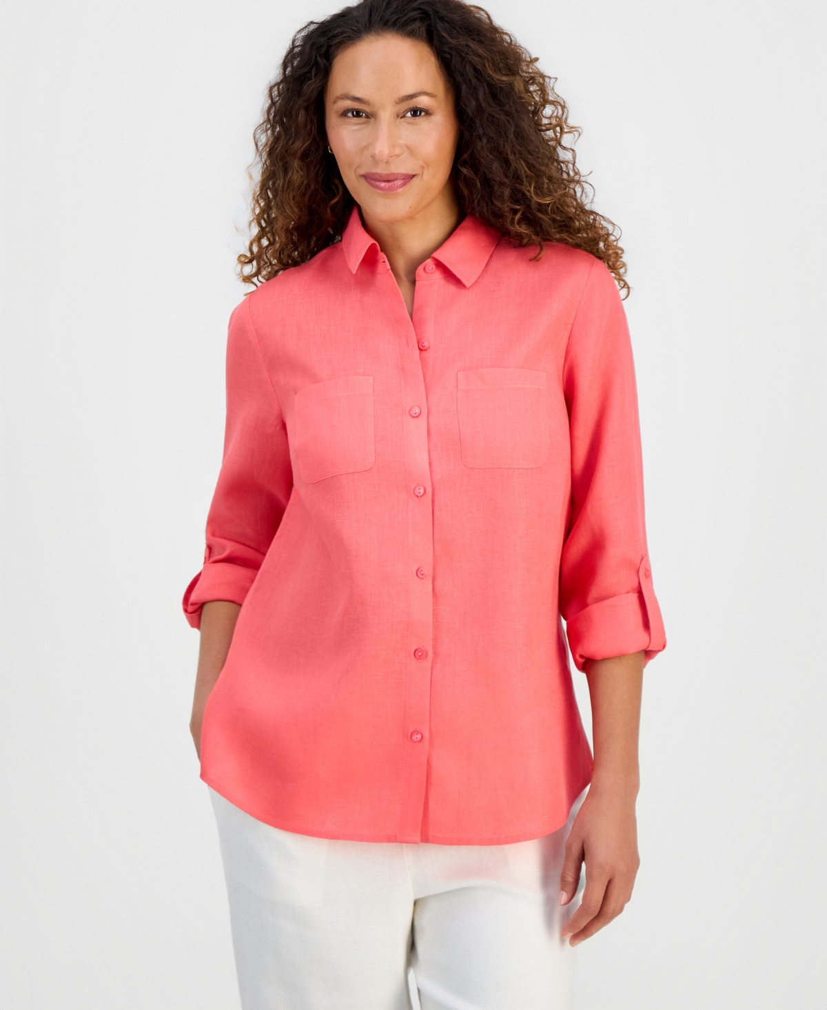 Click here for Charter Club Petite 100 Linen Button-Front Shirt... prices