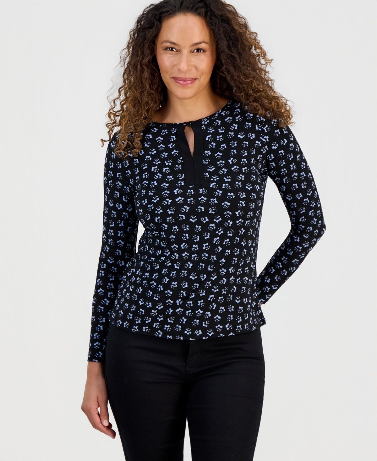 Click here for Jones New York Petite Long-Sleeve Printed Keyhole... prices