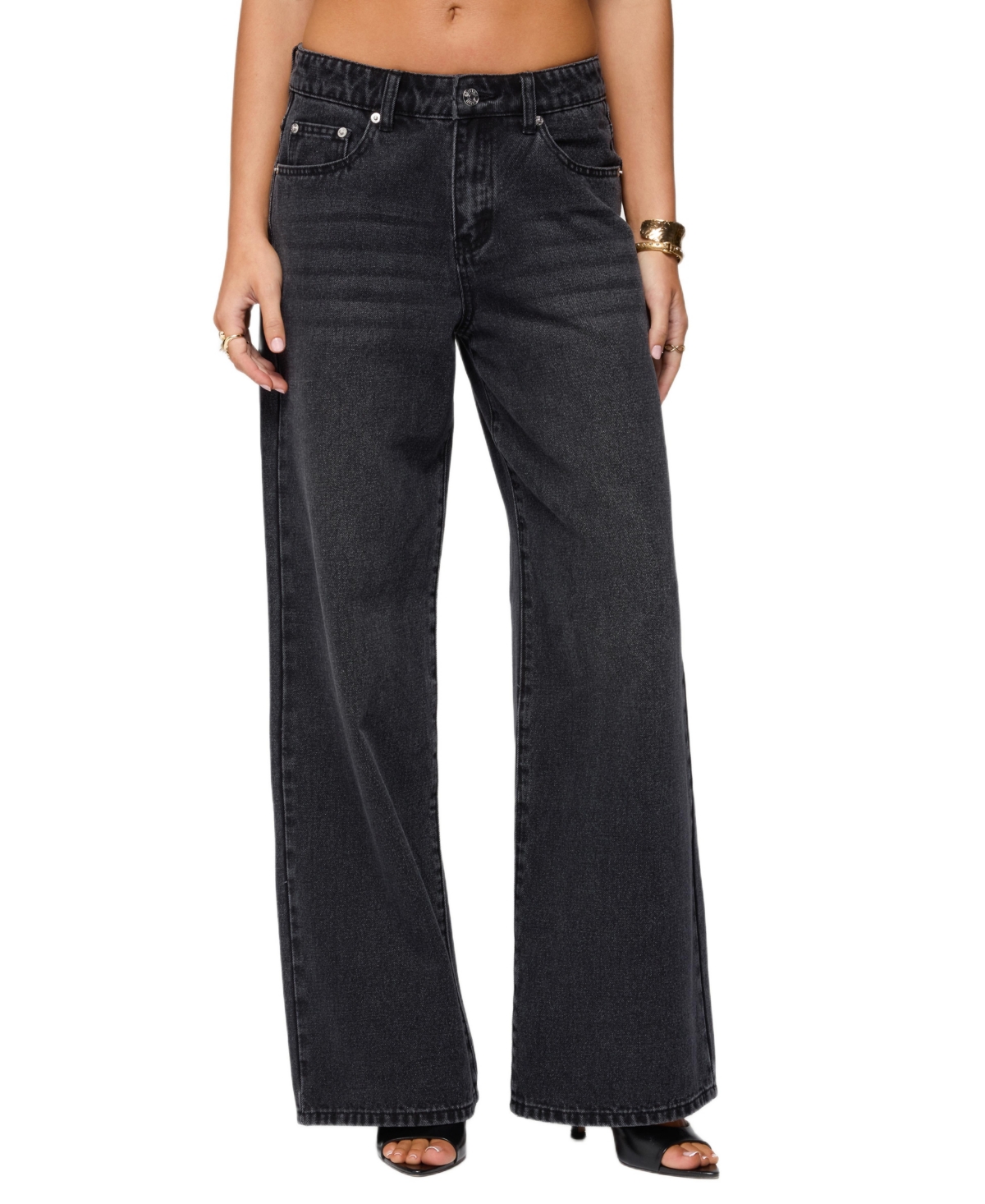 Click here for Edikted Womens Ery Wide Leg Mid Rise Jeans - Black prices
