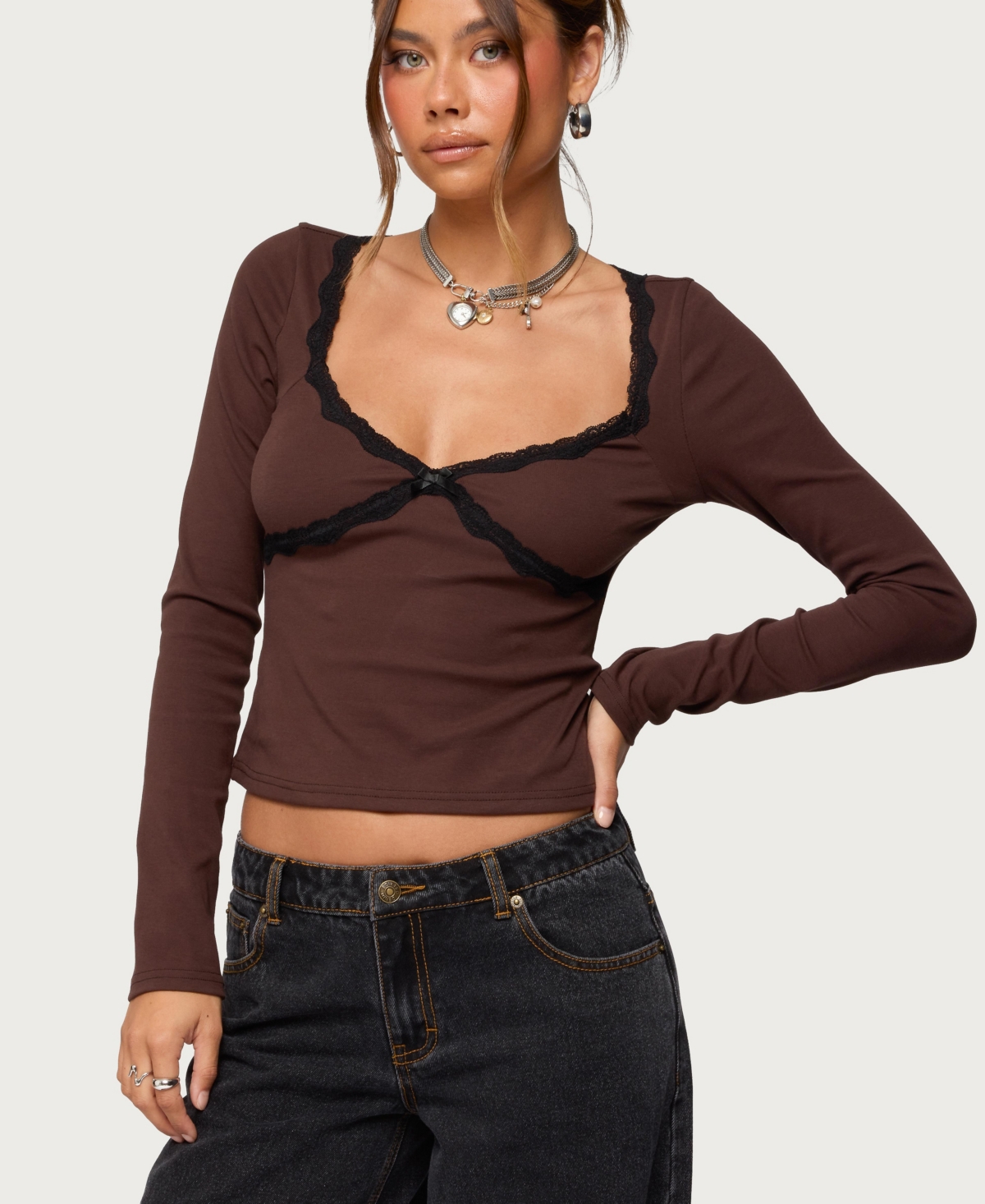 Click here for Edikted Womens Porta Contrast Lacey Top - Brown prices