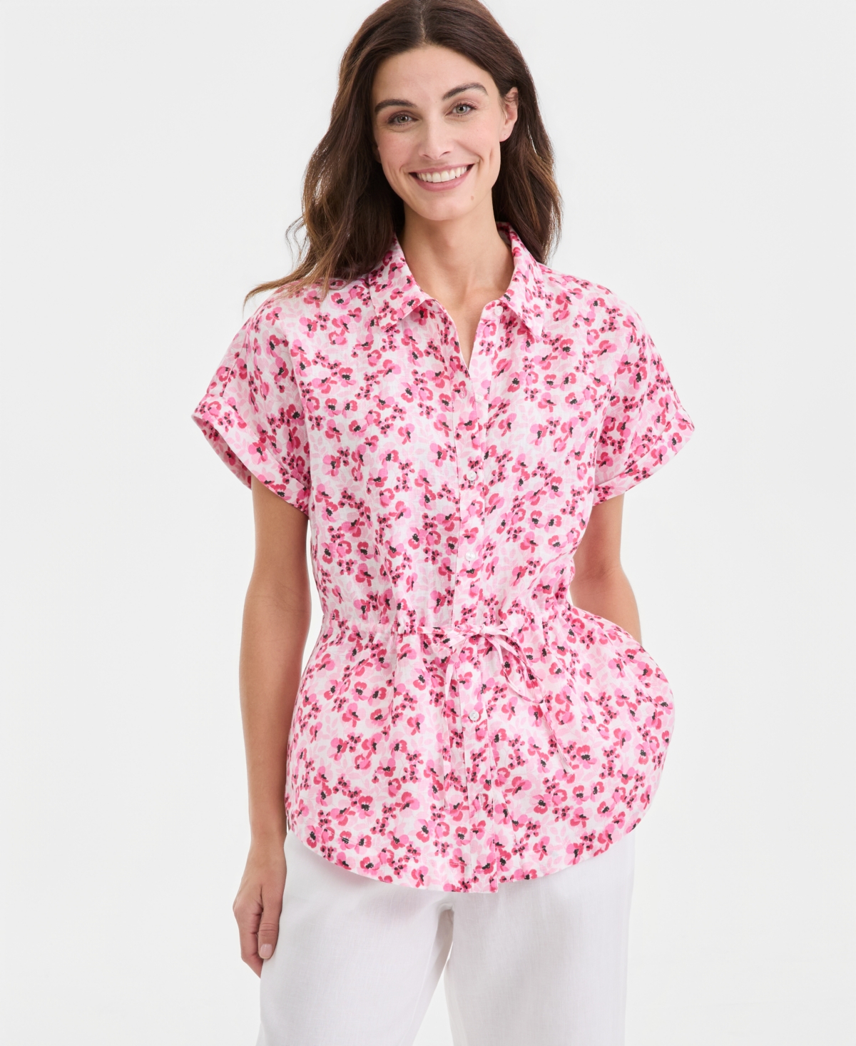 Charter Club Womens 100 Linen Printed Drawstring-Waist Top  Macys Exclusive - Poppy Floral Pink Dew