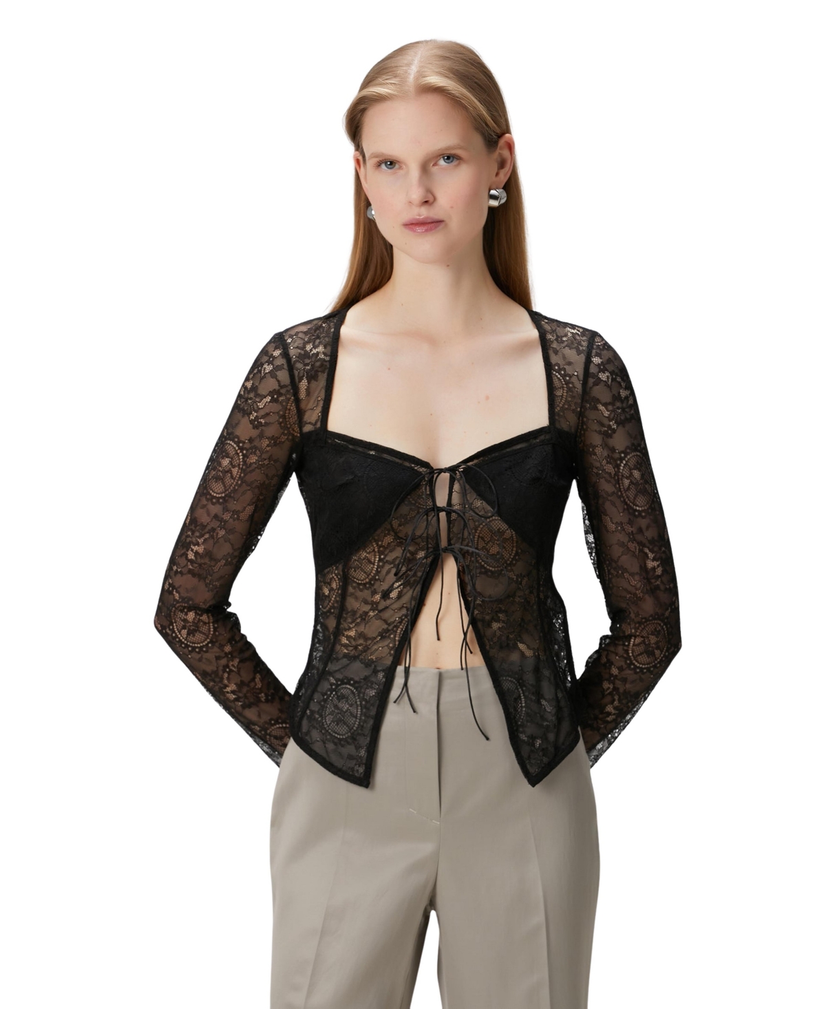 Click here for Pcfg Womens Long-Sleeve Black Lace Top - Black prices