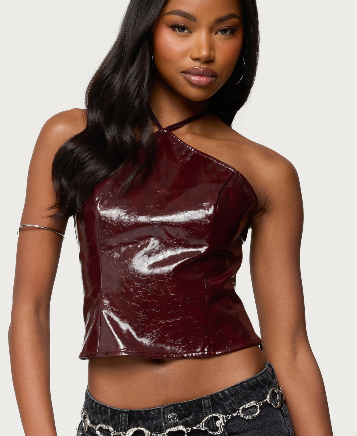 Click here for Edikted Womens Hailie Faux Leather Halter Top - Bu... prices