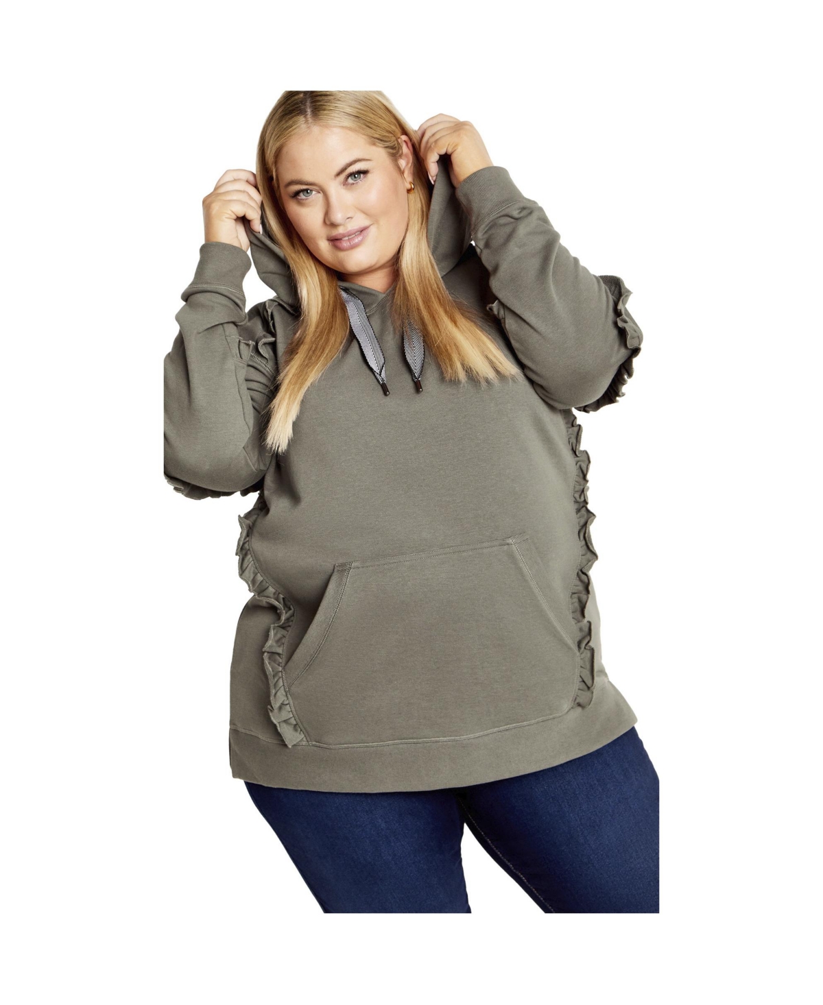 Click here for Avenue Womens Frill Plain Hoodie - Olive prices