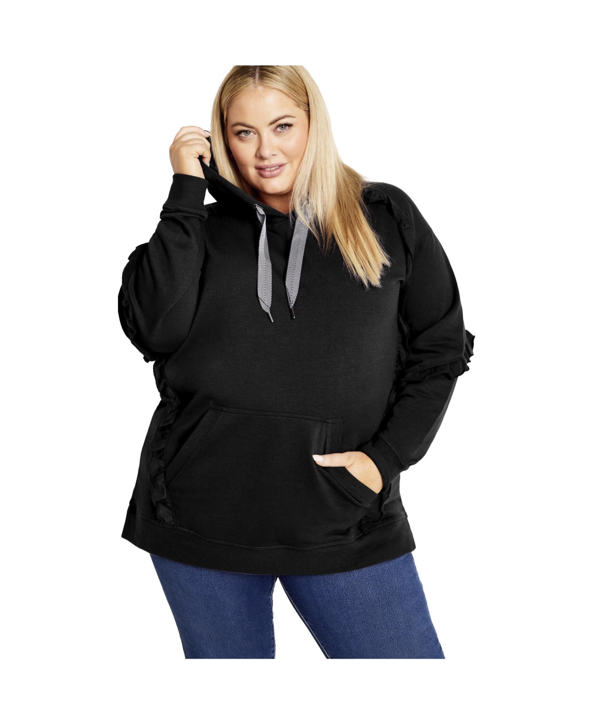 Click here for Avenue Womens Frill Plain Hoodie - Black prices
