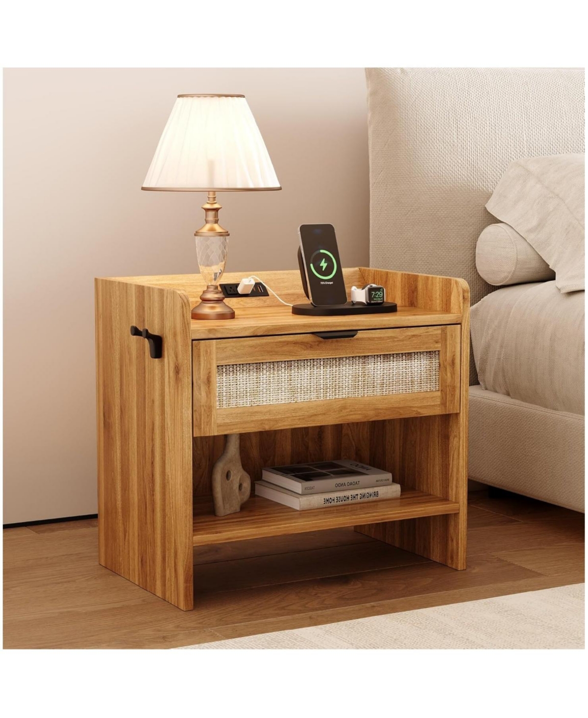 Click here for gaomon Rattan Nightstand  Bedside Table with Type-... prices