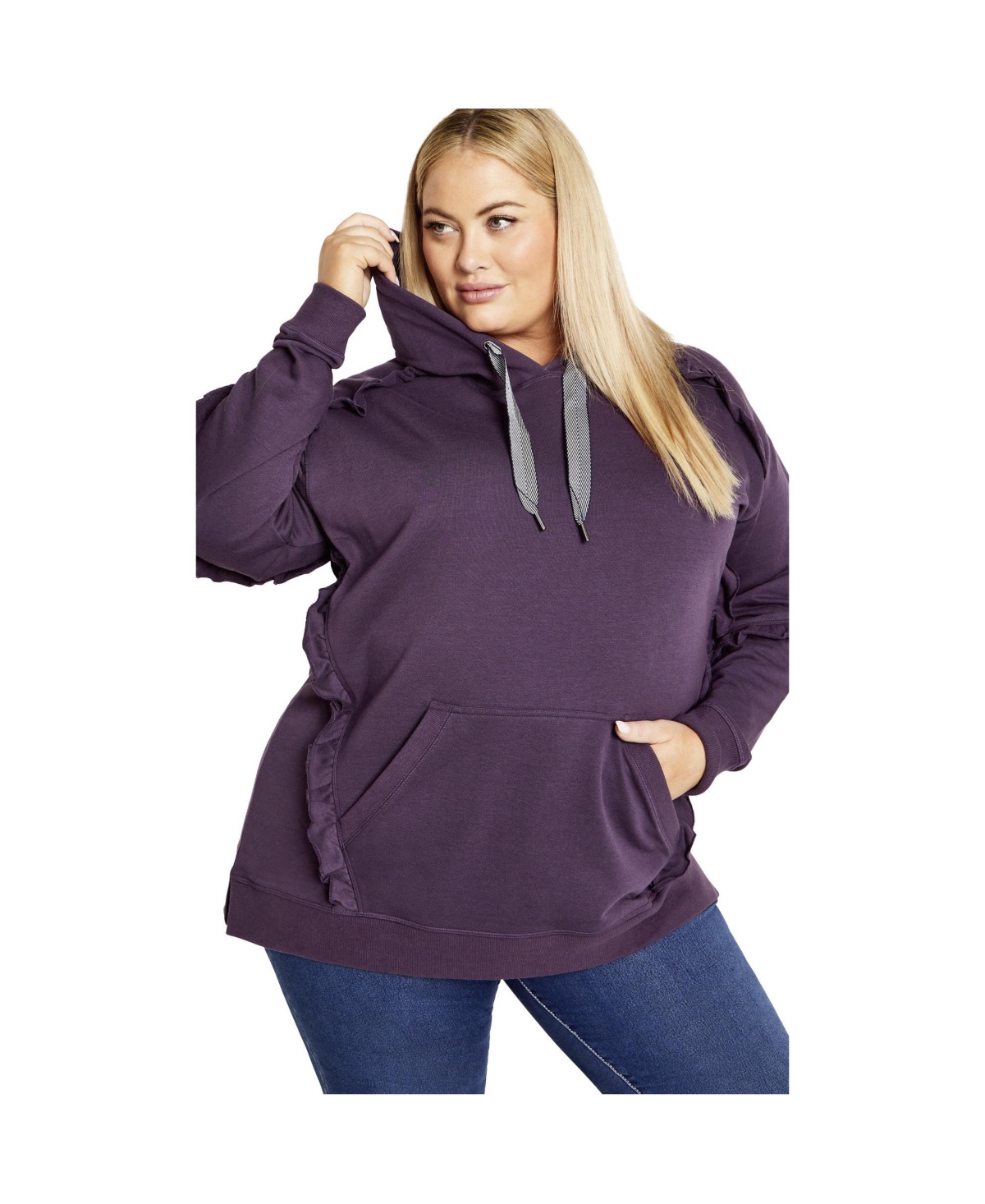 Click here for Avenue Womens Frill Plain Hoodie - Eggplant prices