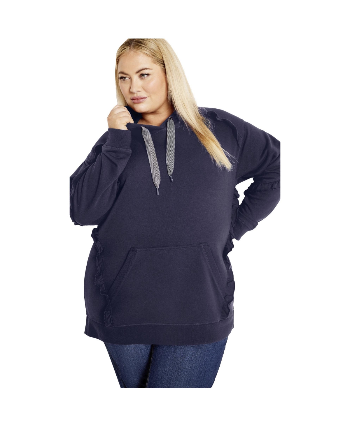 Click here for Avenue Womens Frill Plain Hoodie - Navy prices