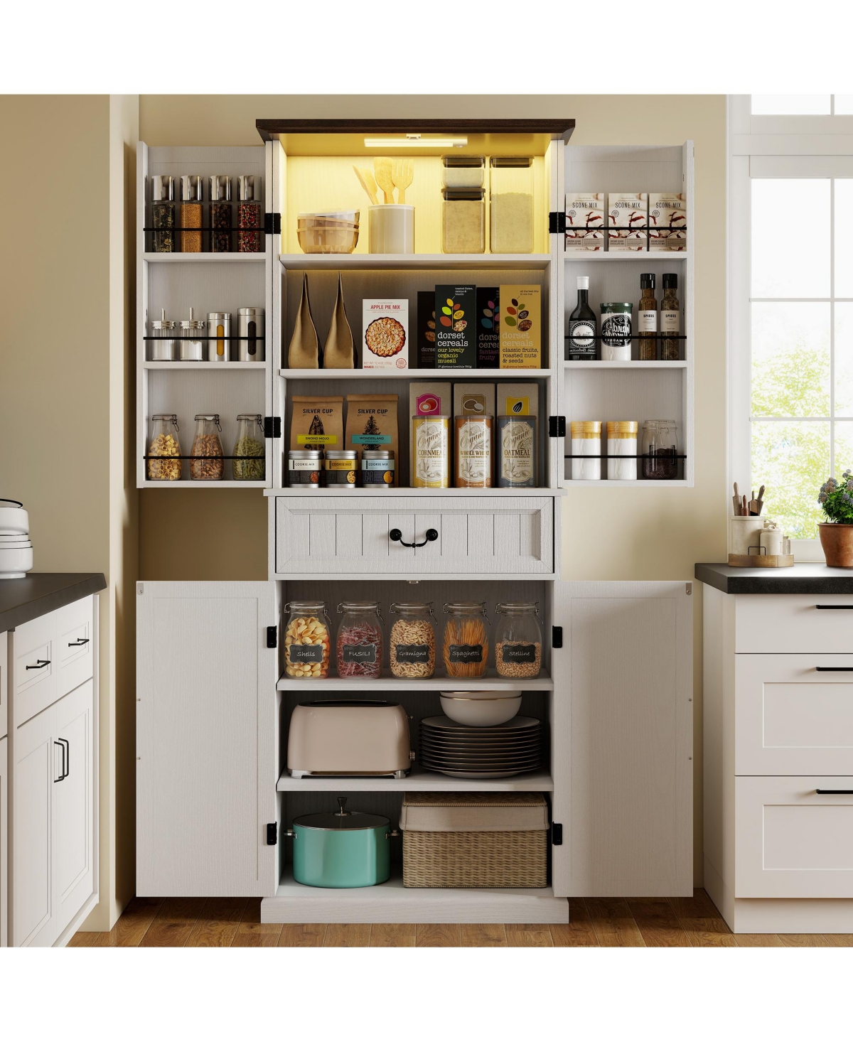 Click here for Homcom Farmhouse Kitchen Pantry Cabinet with Light... prices