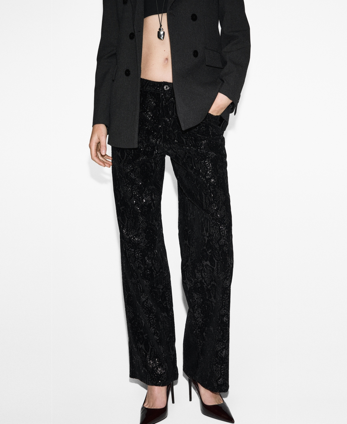 Click here for Mango Womens Sequins Straight-Leg Pants - Black prices